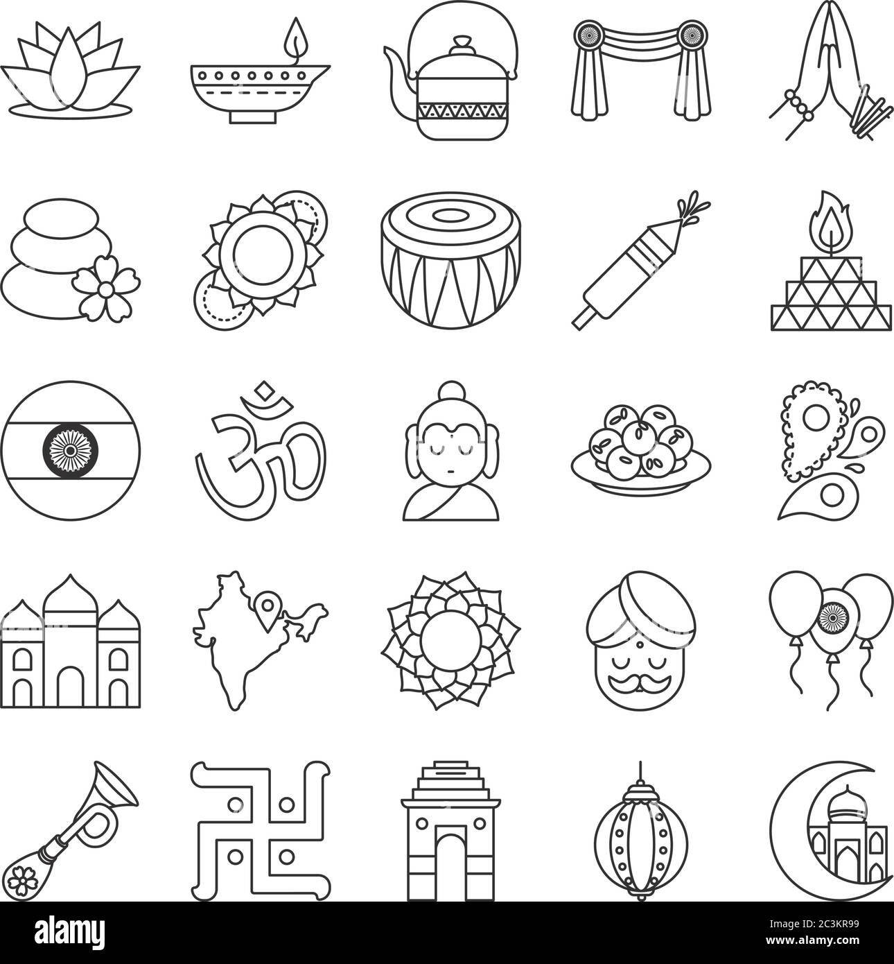 Indian line style icon set design, India culture travel and asia theme ...