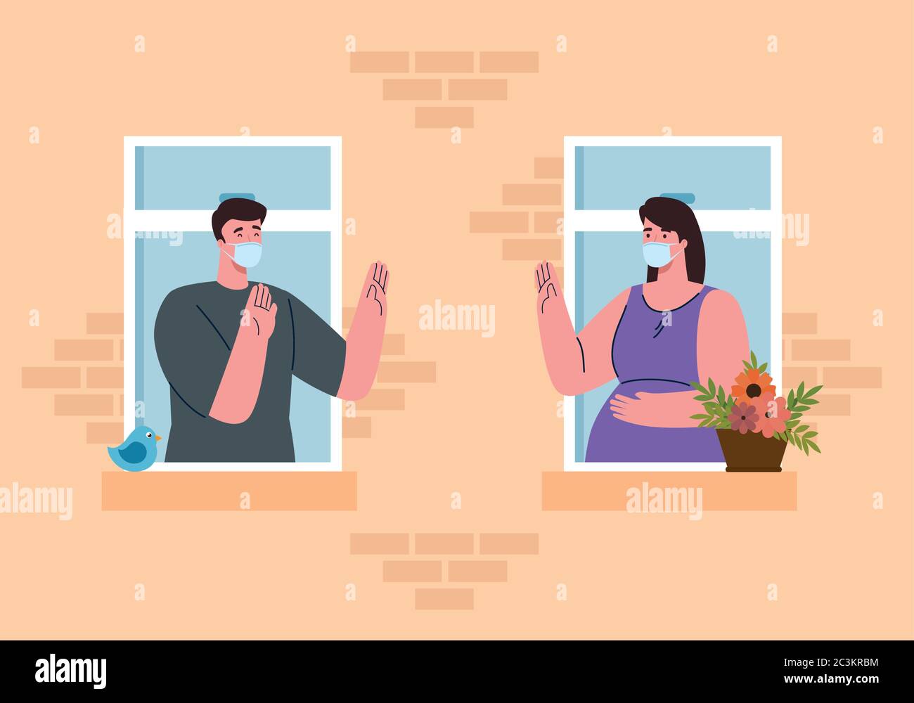 stay home, facade with window, people look out of home, self isolation ...