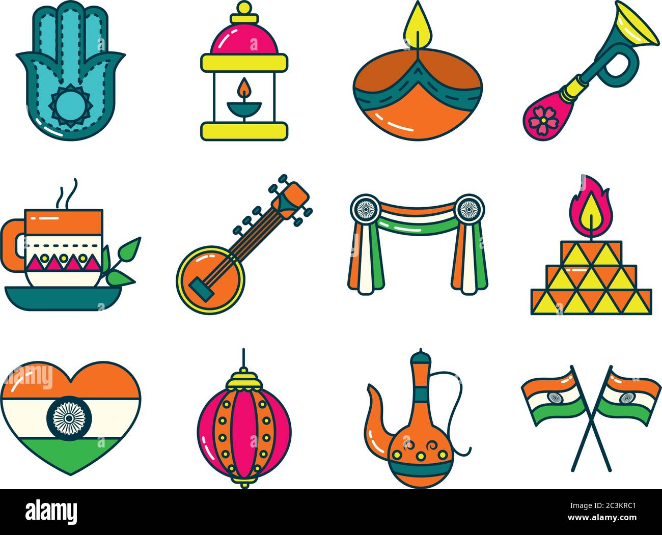 Indian line and fill style icon set design, India culture travel and ...