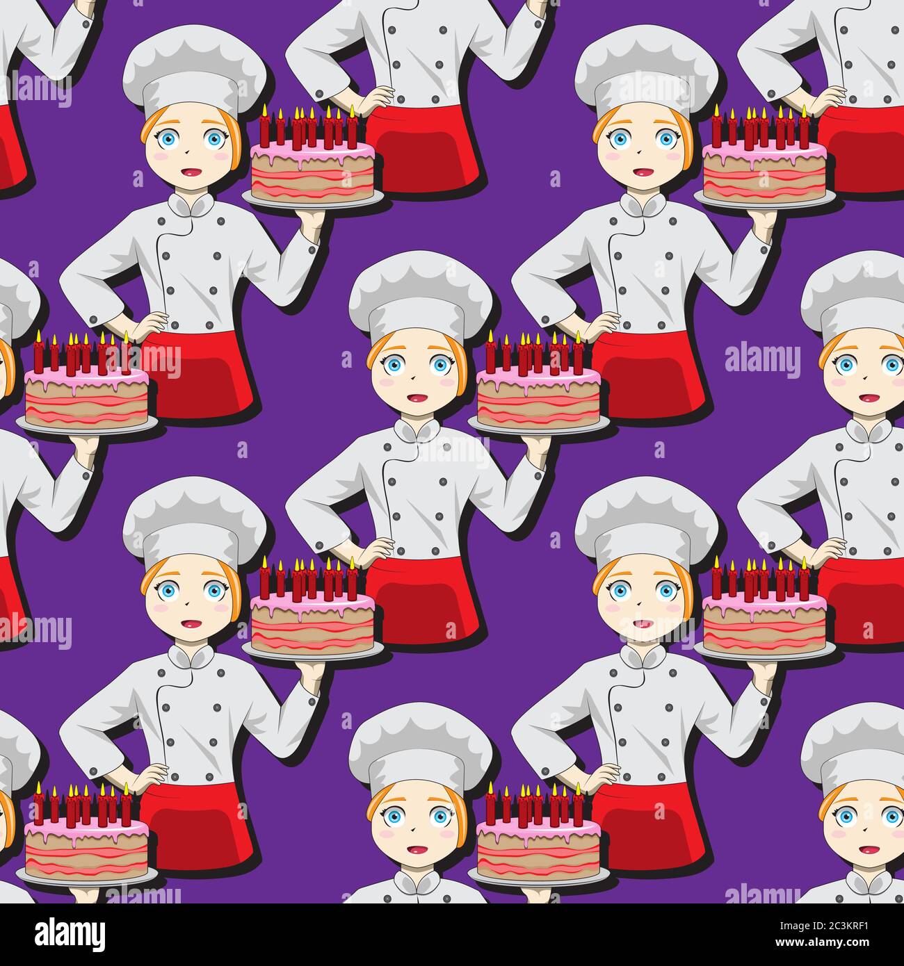 seamless pattern of a girl cook with a cake in her hands on a purple ...