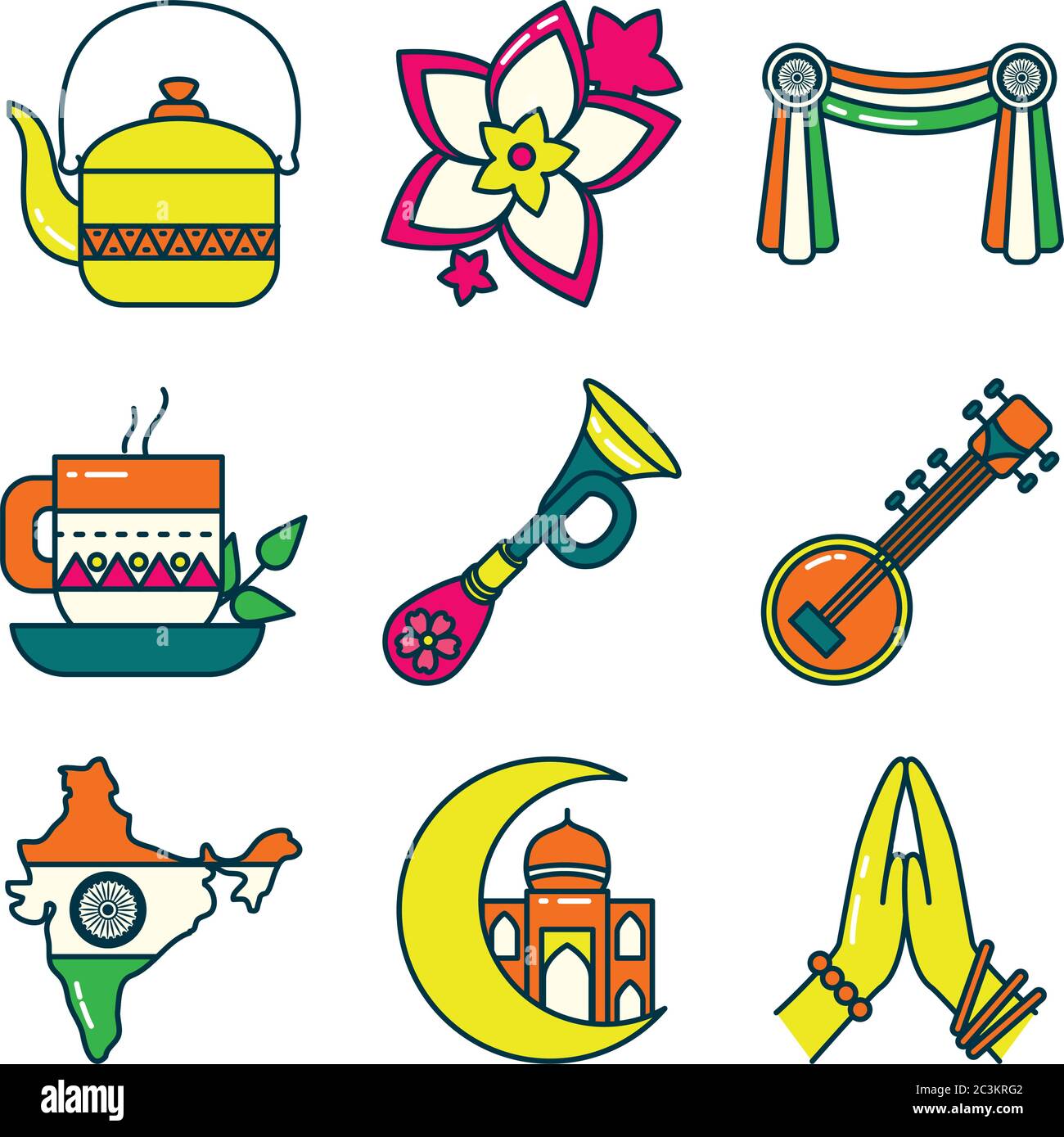 Indian line and fill style icon set design, India culture travel and ...