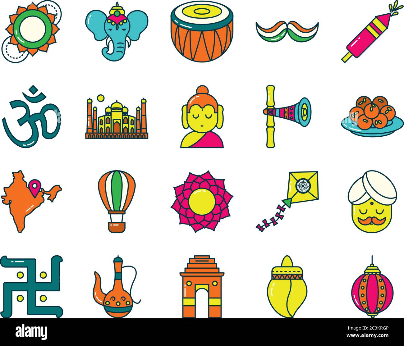 Indian line and fill style icon set design, India culture travel and ...