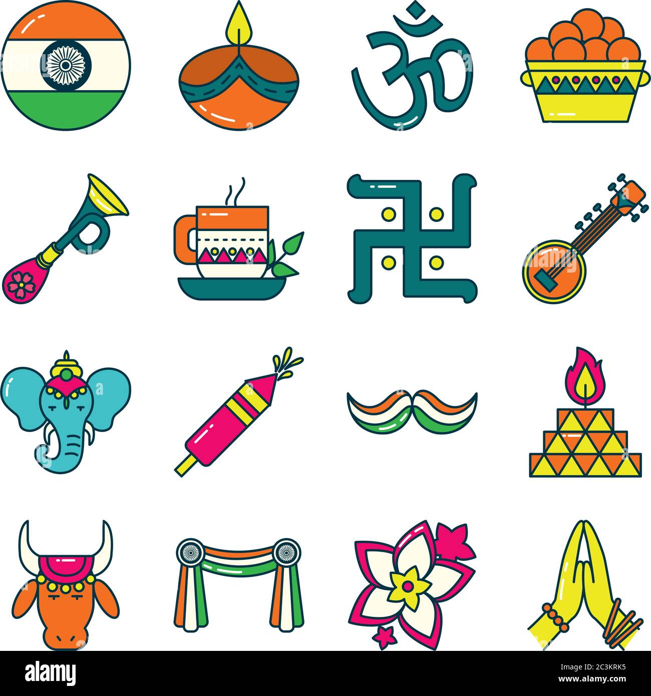 Indian line and fill style icon set design, India culture travel and ...