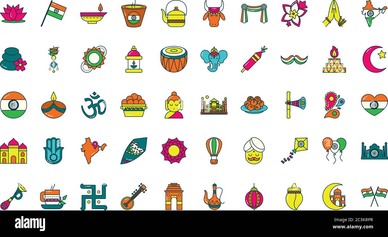 Indian line and fill style icon set design, India culture travel and ...