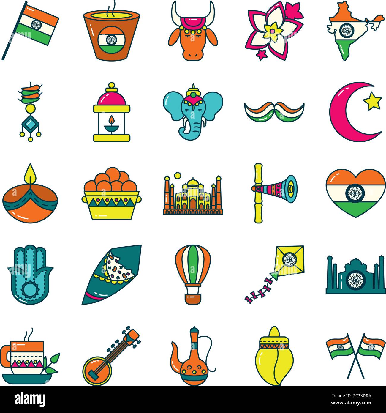 Indian line and fill style icon set design, India culture travel and ...