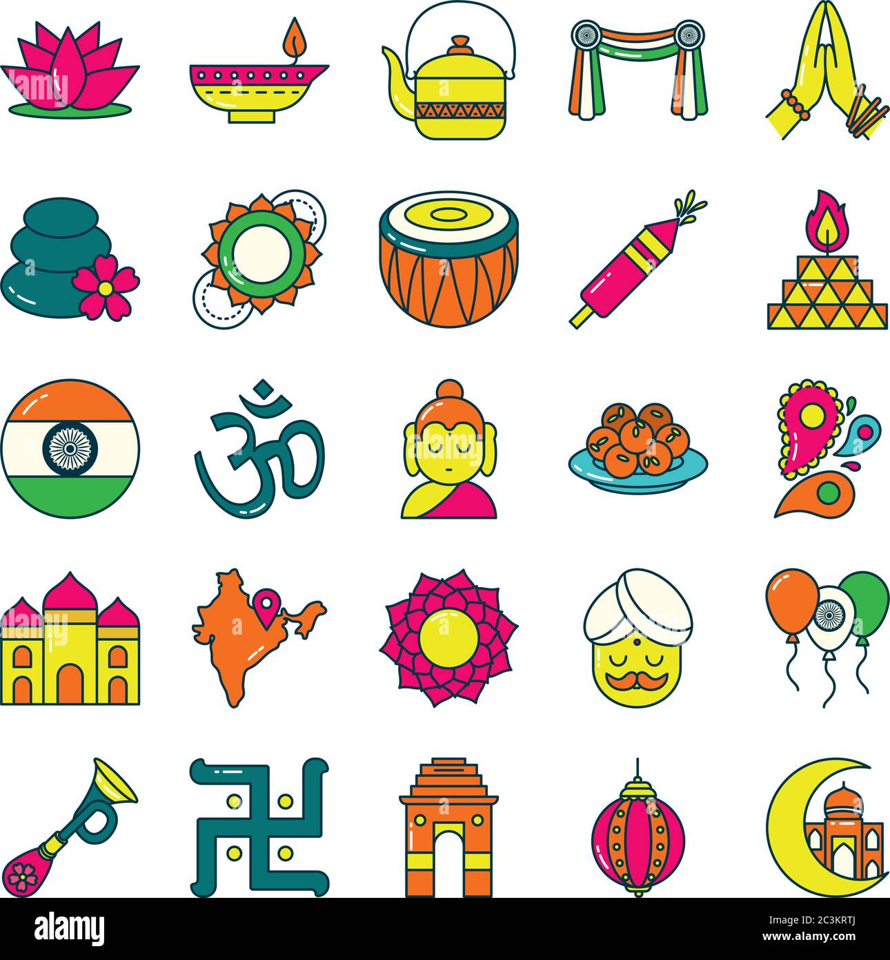 Indian line and fill style icon set design, India culture travel and ...