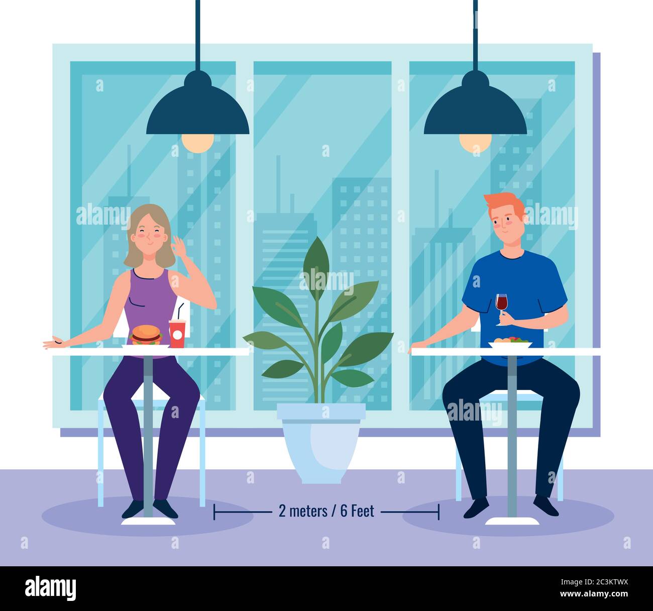 social distance in new concept restaurant , couple eating on tables ...