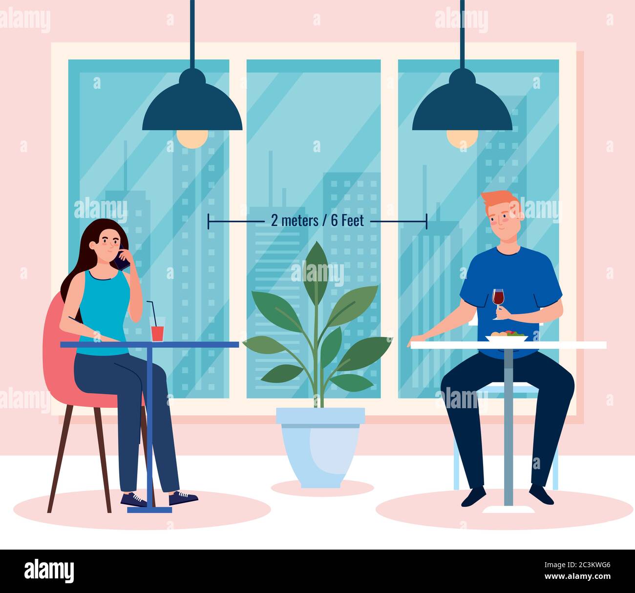 social distance in new concept restaurant , couple eating on tables ...