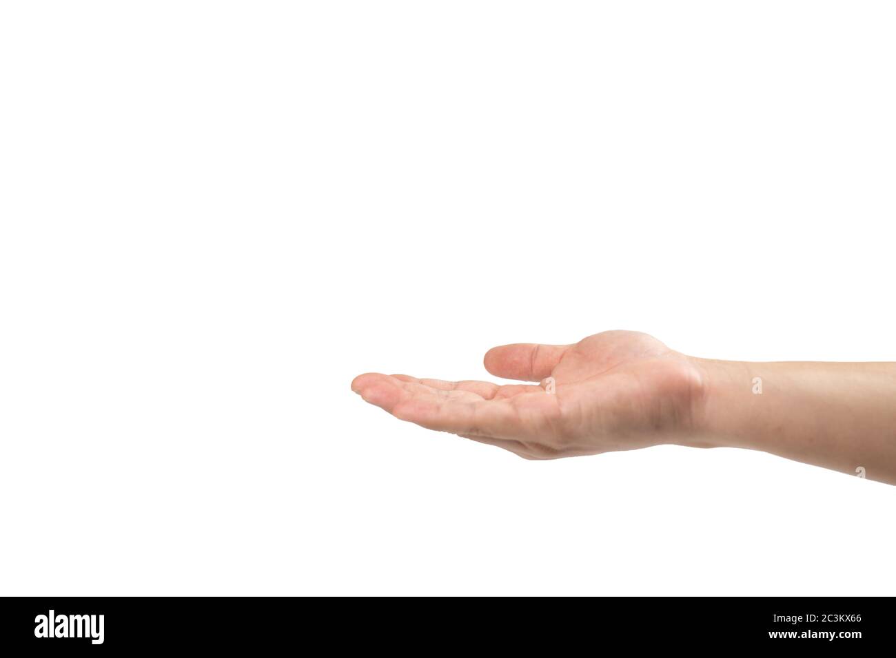 Asian man hand is handing up to receive somthing on white background ...