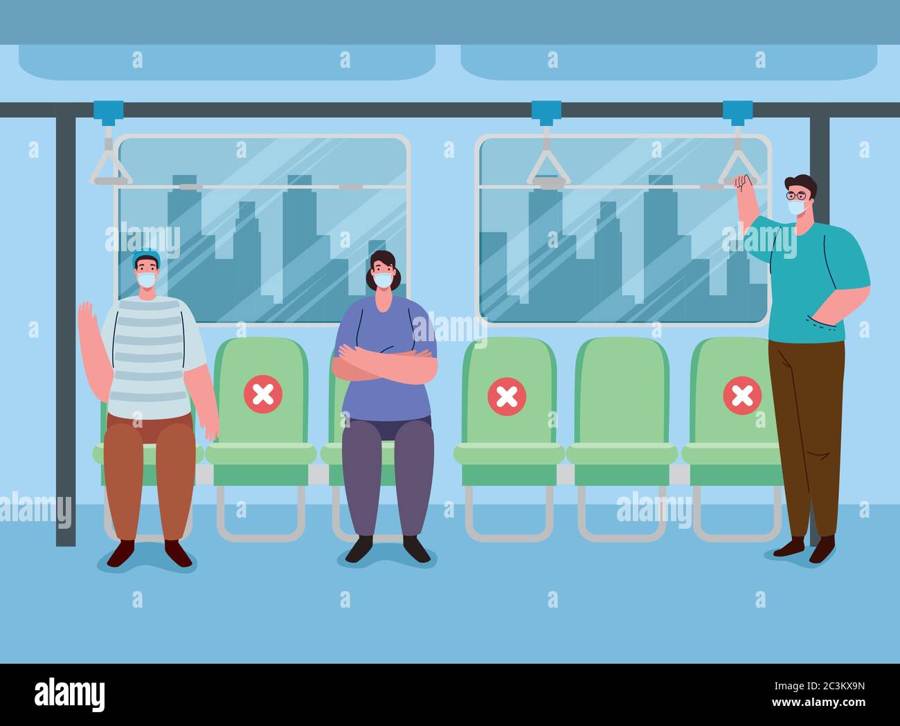 social distancing chairs space inside bus, people wearing medical mask ...