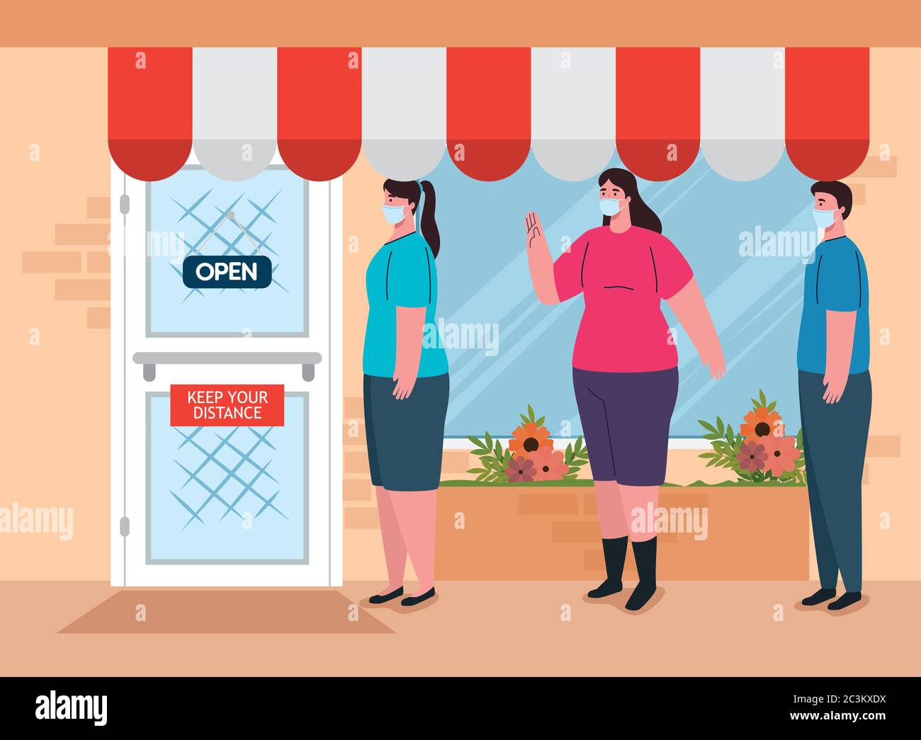 people standing line queue to shop, social distancing, prevention ...