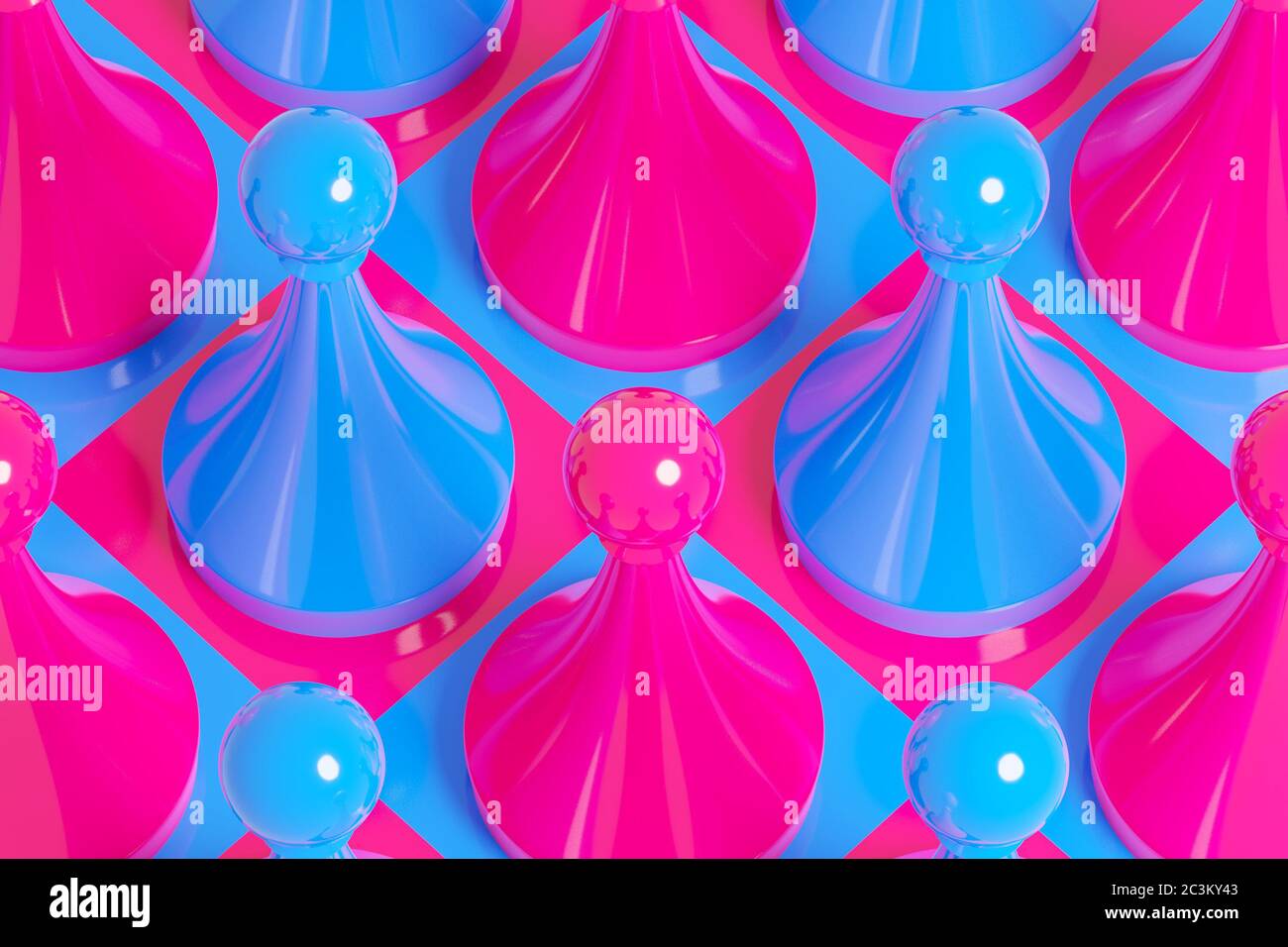 3d illustration pink and blue chess, checkers on a chessboard on a ...