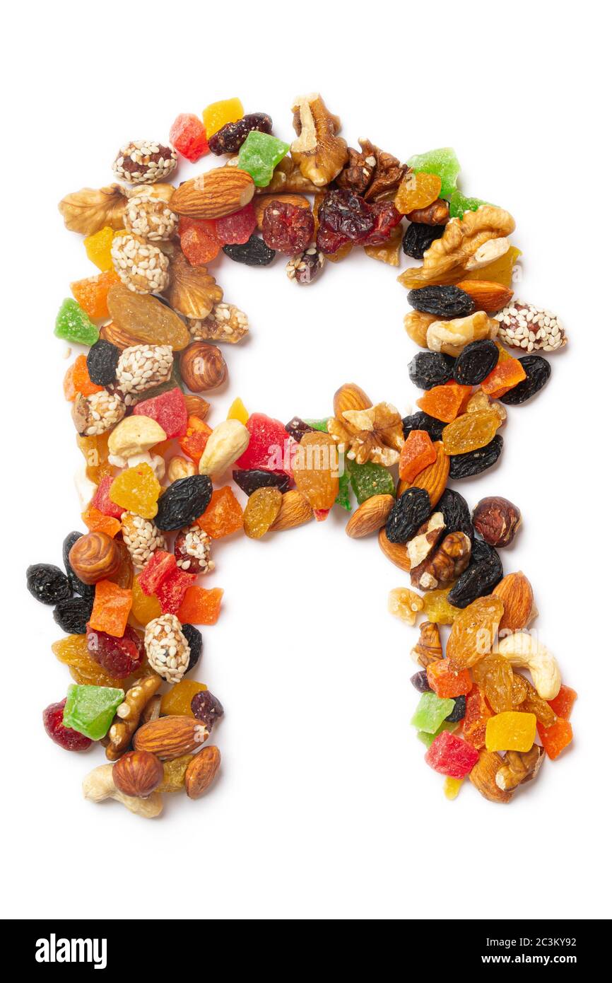 Letter R of the English alphabet from a mixture of hazelnuts, almonds ...