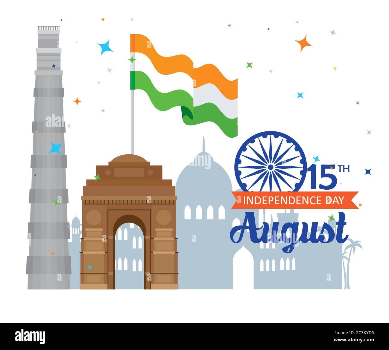 indian happy independence day with ashoka wheel decoration and famous monuments, celebration 15 ...