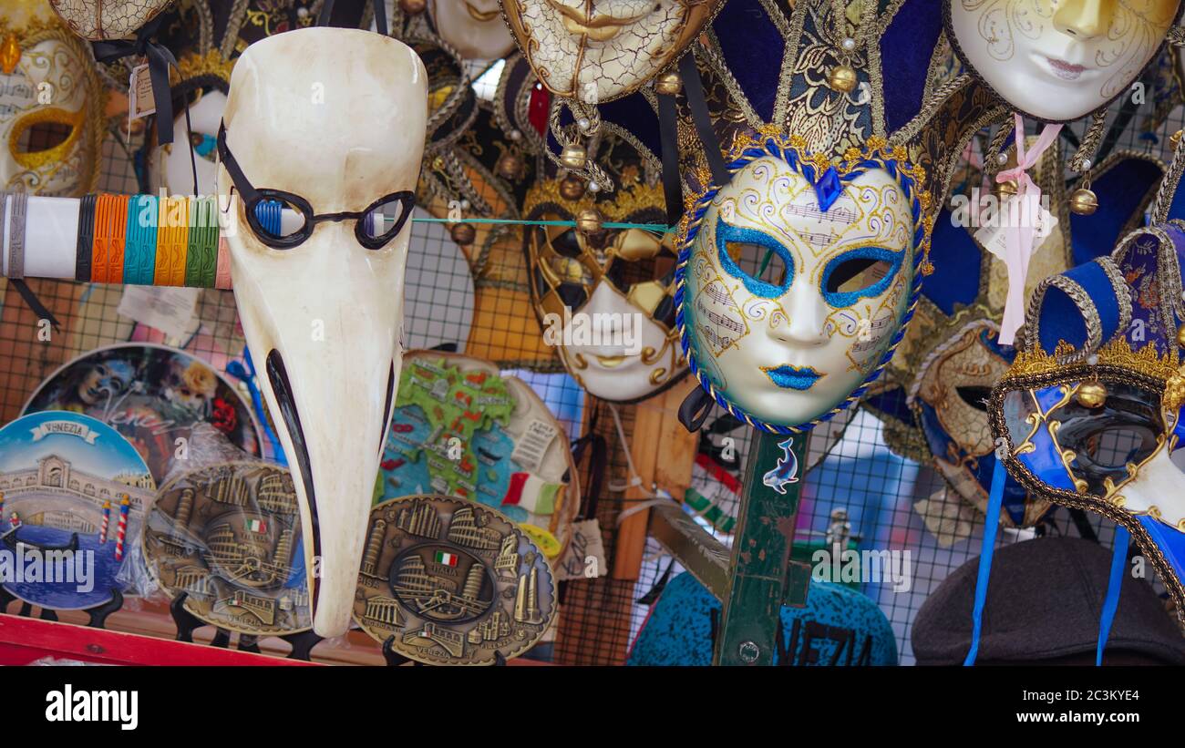 Colorful carnival masks on the market in Venice, Italy. Masks were worn ...