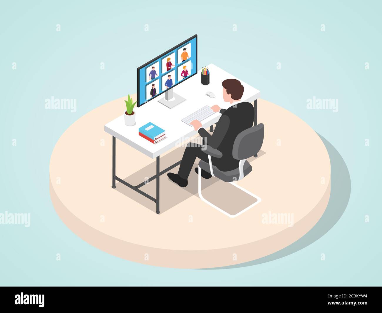 Manager lead meeting work presentation his staff through video ...