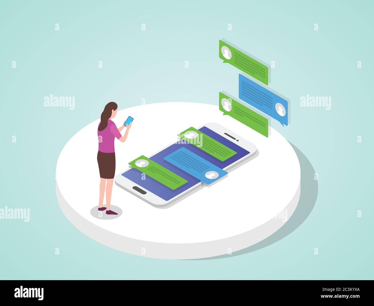 Woman writing sms message chatting use smartphone flat cartoon style ...
