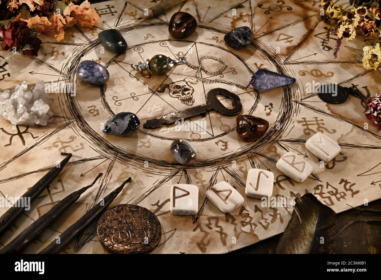 Manuscript with witch drawings, key, black candles and runes. Wicca ...