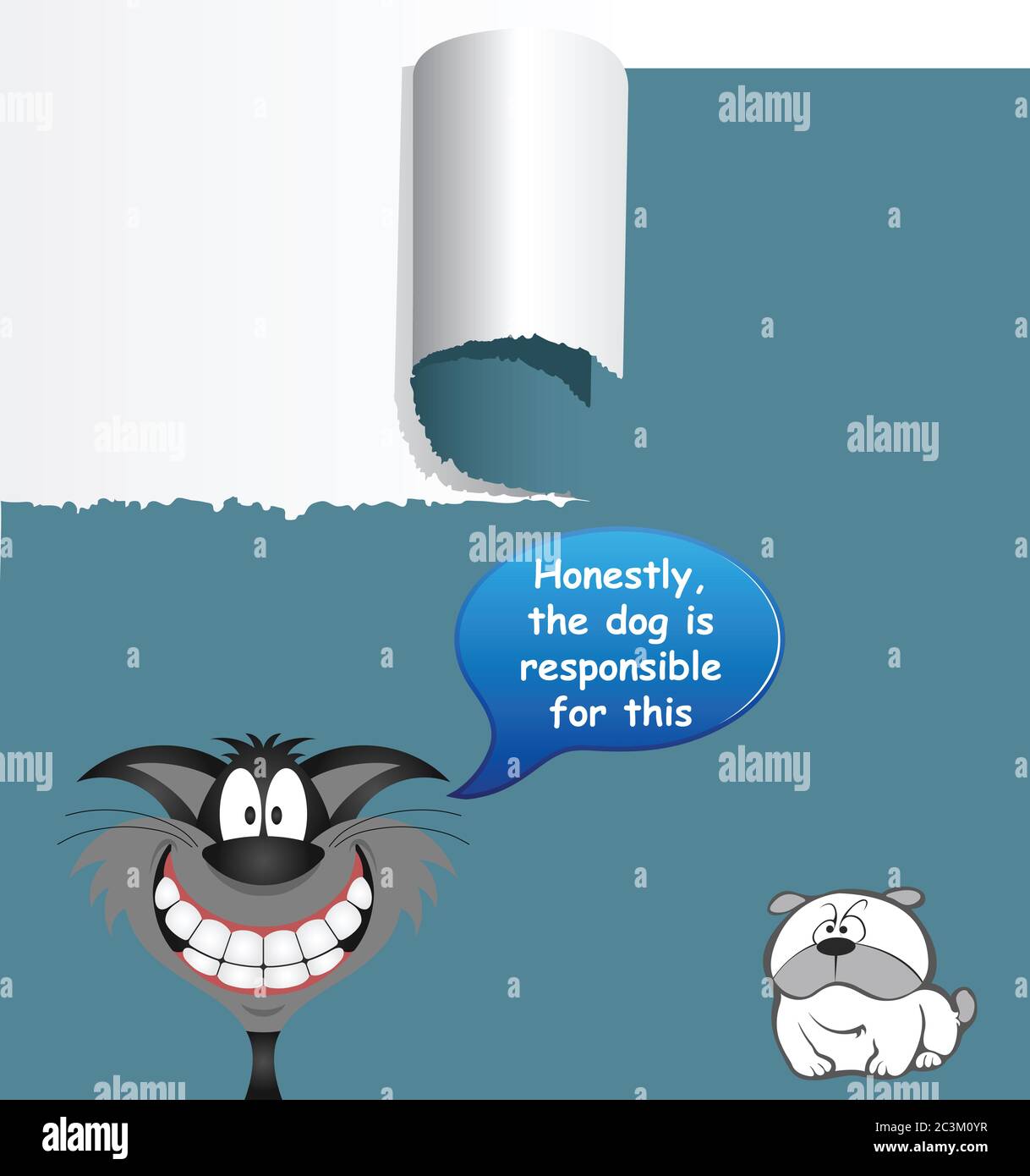 Comical cat blaming the innocent dog for ripping the wallpaper with the ...