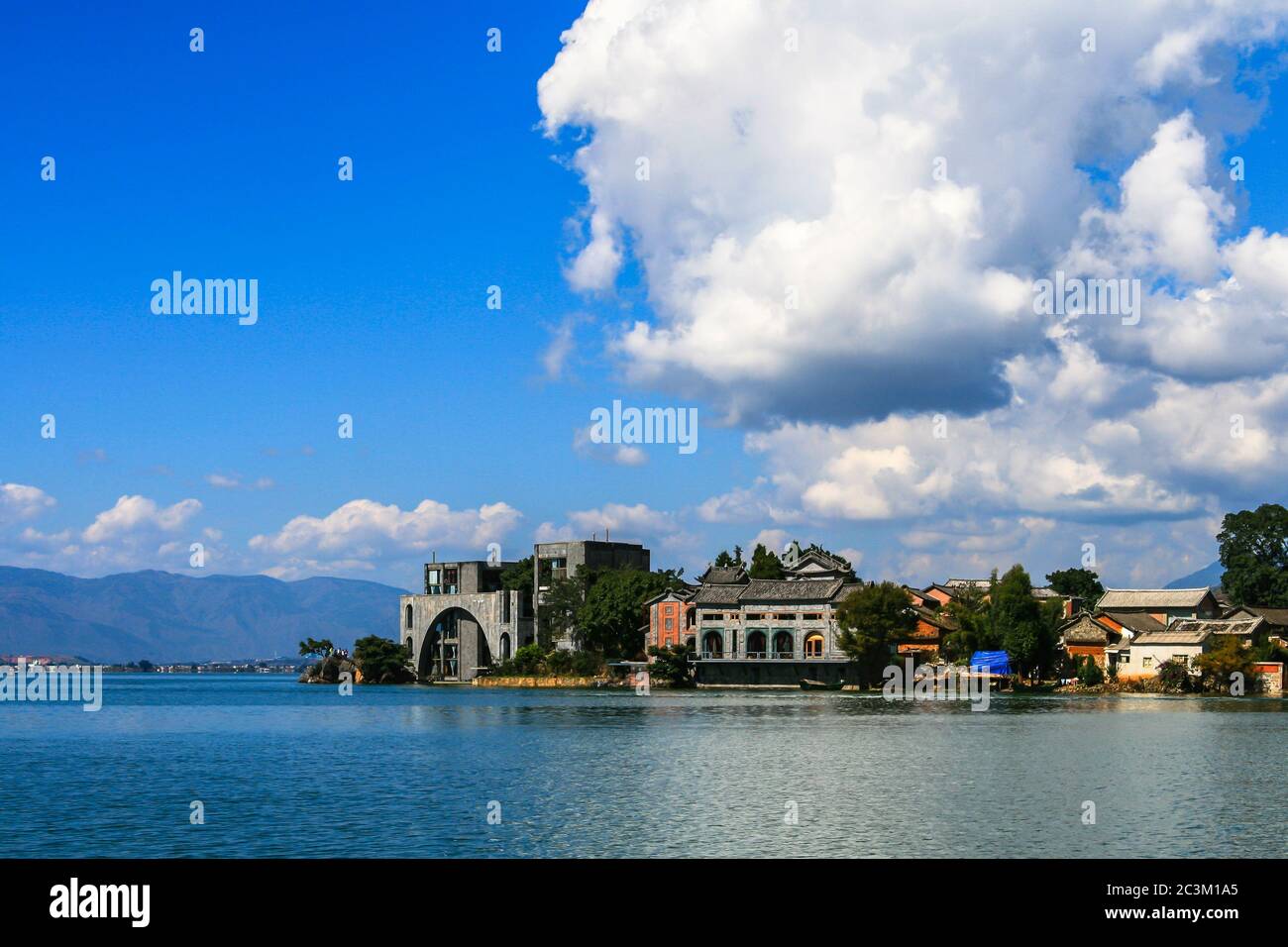Panorama view of Erhai lake and Cangshan mountain in Yunnan Province ...