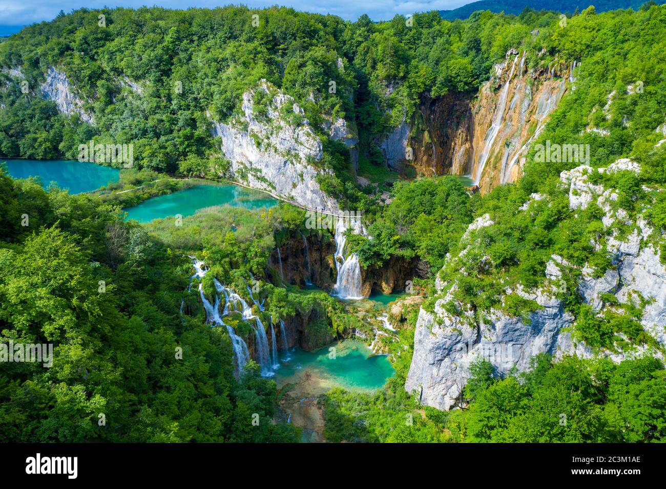 Aerial view of the Sastavci waterfall on the Plitvice Lakes National ...