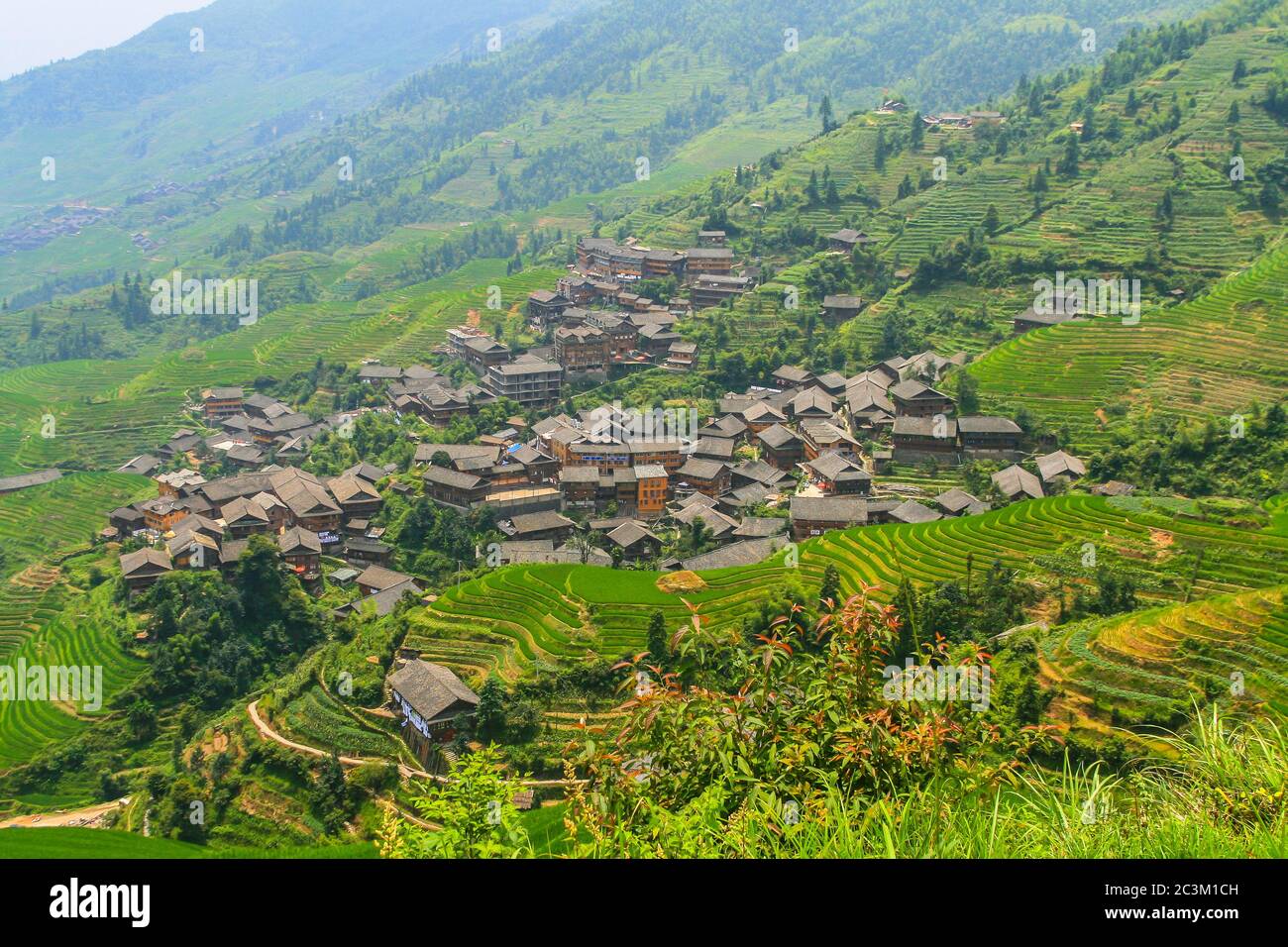 Aerial view of the Rice Terrace and Pingan village in Longji (Dragon's ...