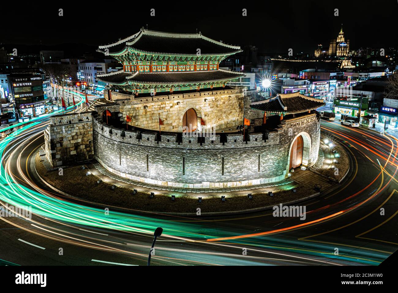 High angle shot of the magnificent Paldalmun Fort captured at night in ...