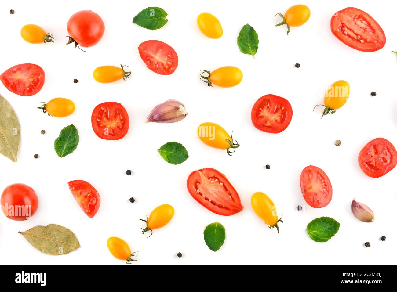 Healthy food background. Tomatoes and spices isolated on white ...