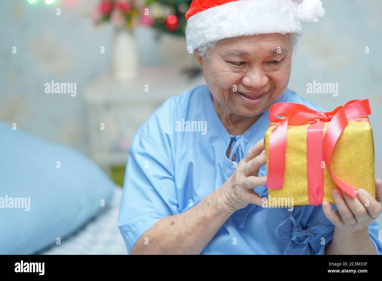 Asian senior or elderly old lady woman patient with Santa Claus helper ...