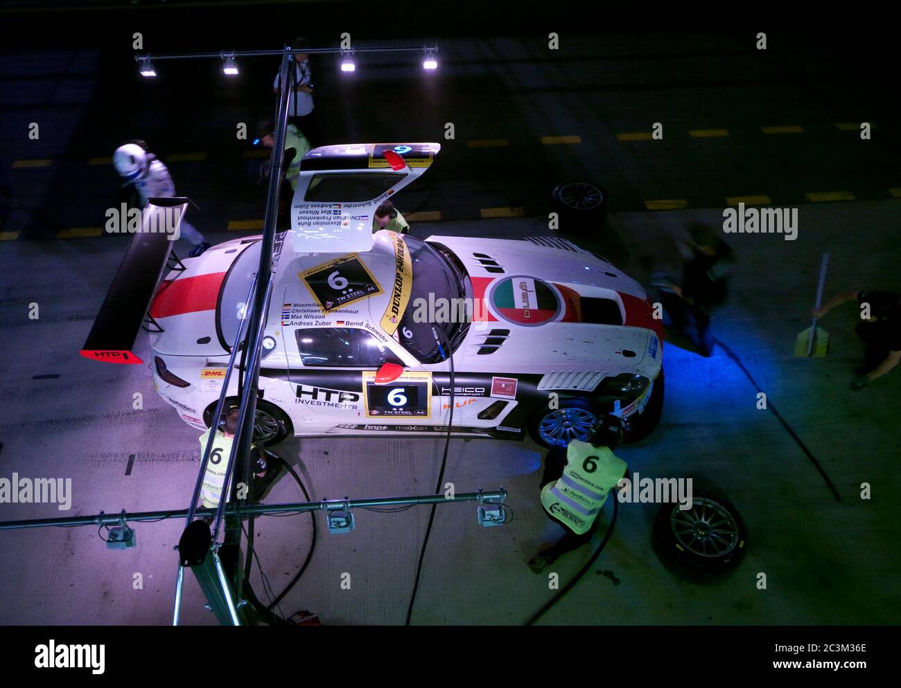 DUBAI - JANUARY 13: Aerial view of car 6, a Mercedes SLS AMG GT3 during ...