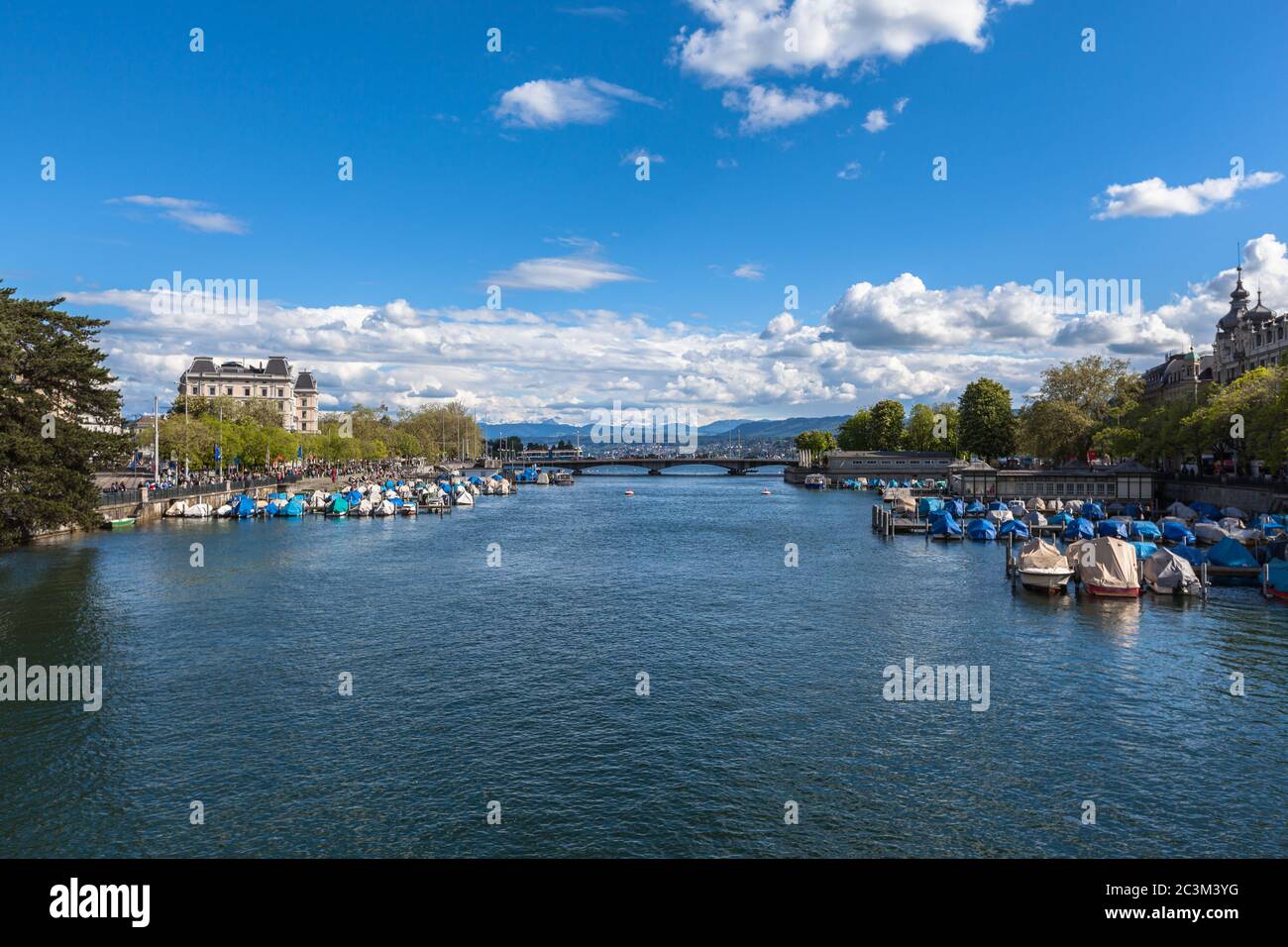 Panorama view of Limmat river towards Quay Bridge (Quaibruecke) and ...