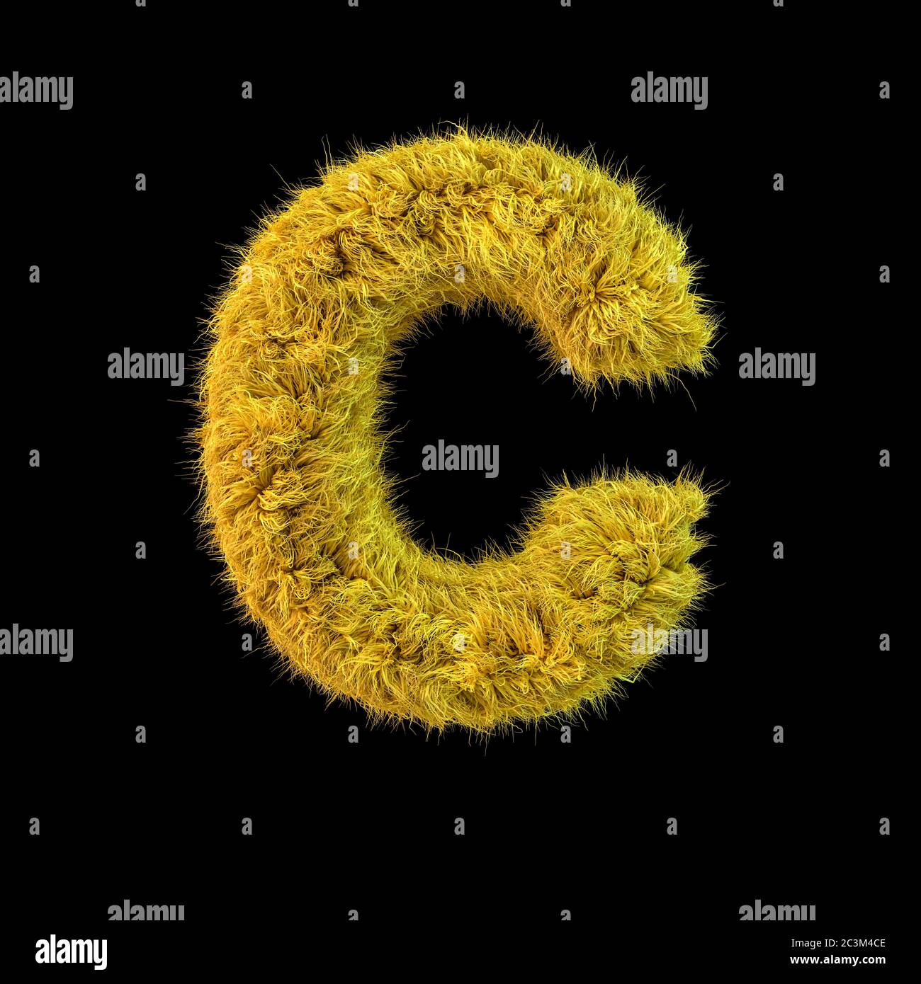Capital letter C. Uppercase. Yellow fluffy font on black background. 3D ...