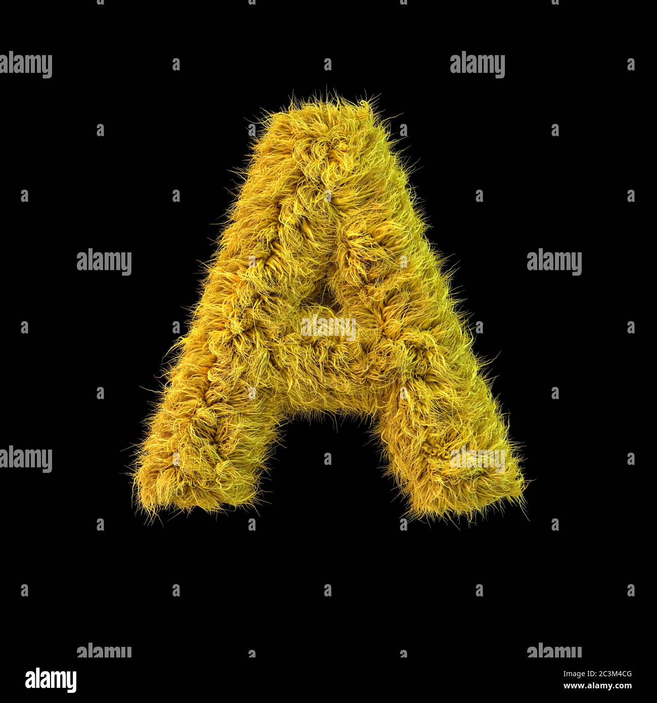 Capital letter A. Uppercase. Yellow fluffy font on black background. 3D ...