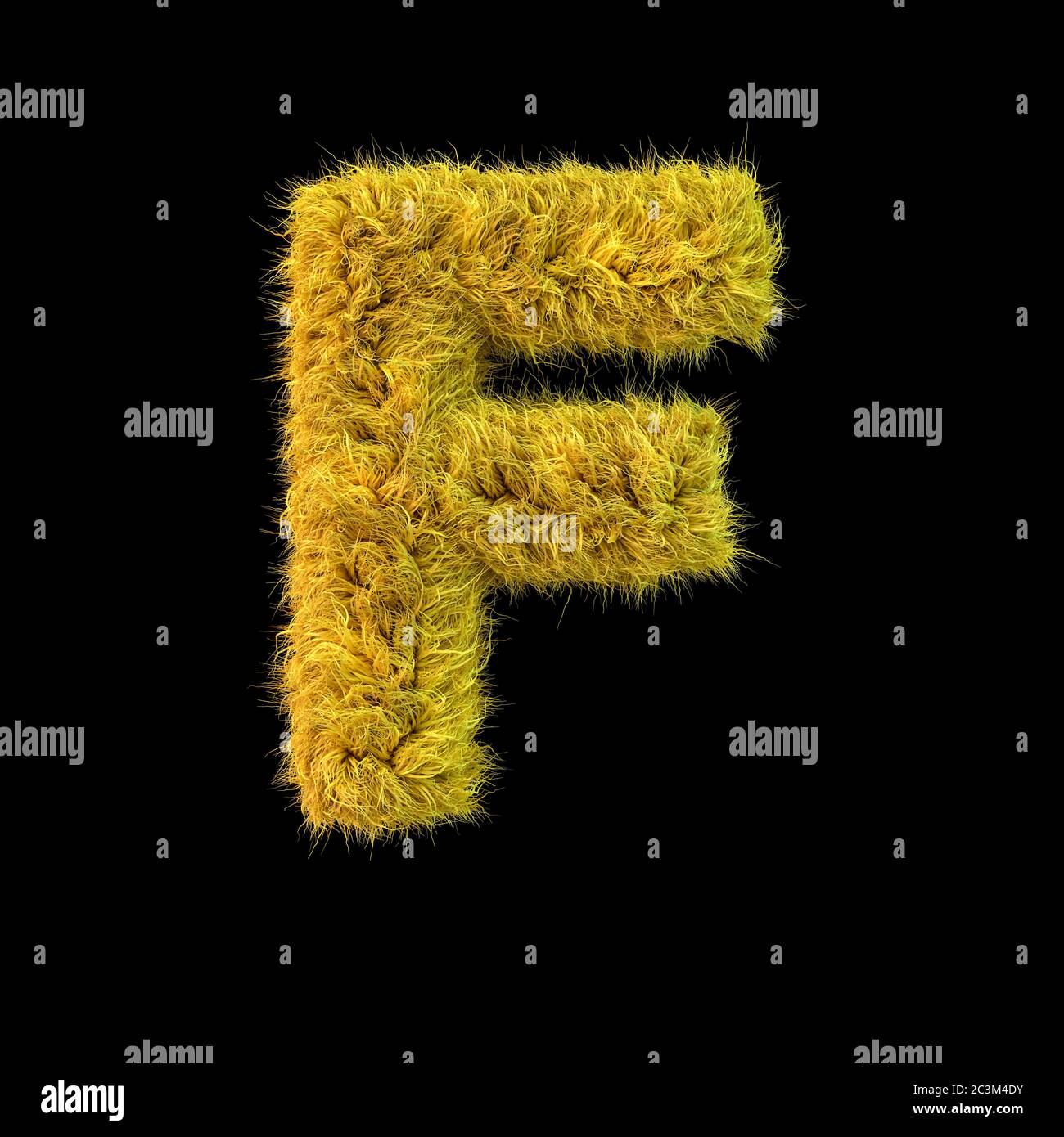 Capital letter F. Uppercase. Yellow fluffy font on black background. 3D ...
