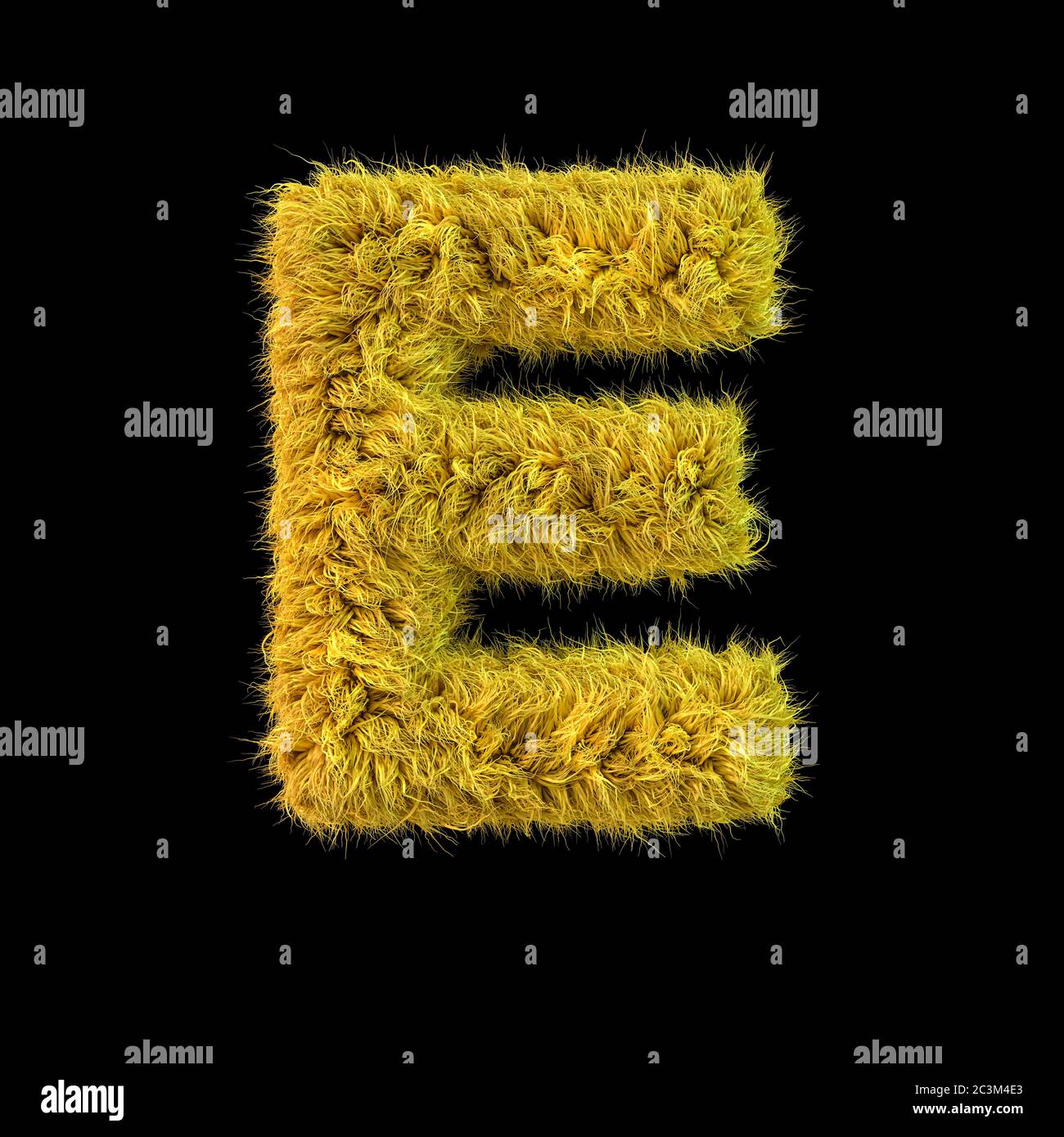 Capital letter E. Uppercase. Yellow fluffy font on black background. 3D ...