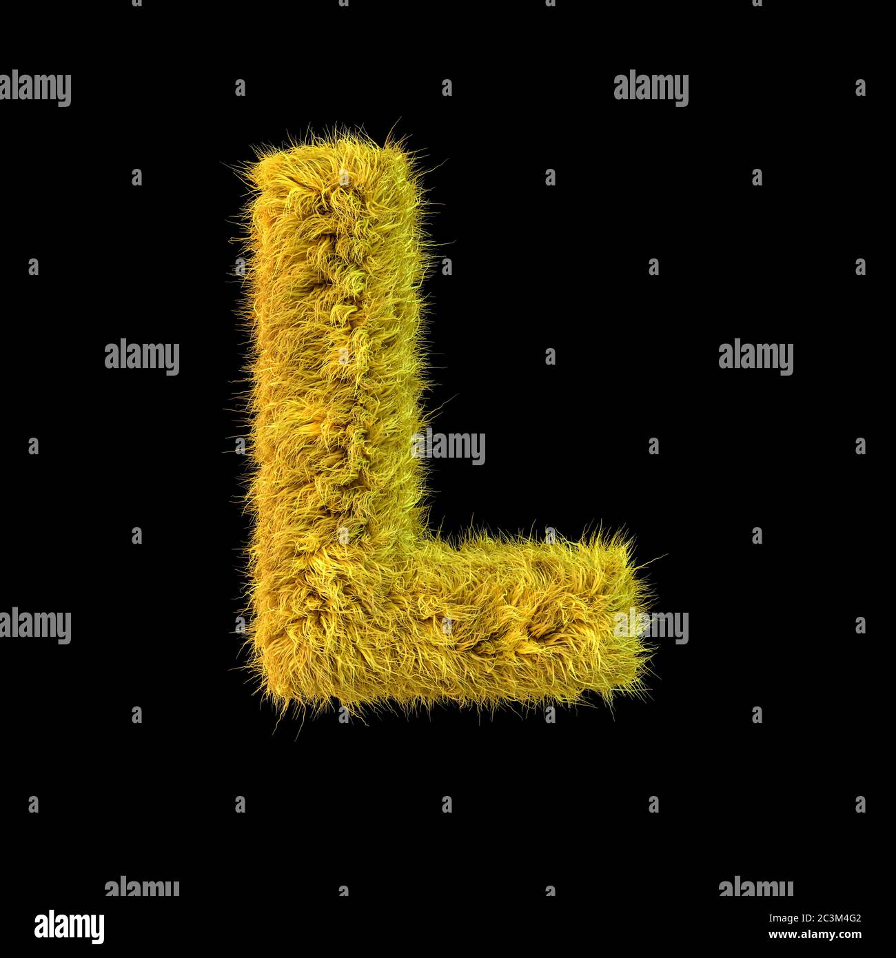 Capital letter L. Uppercase. Yellow fluffy font on black background. 3D ...