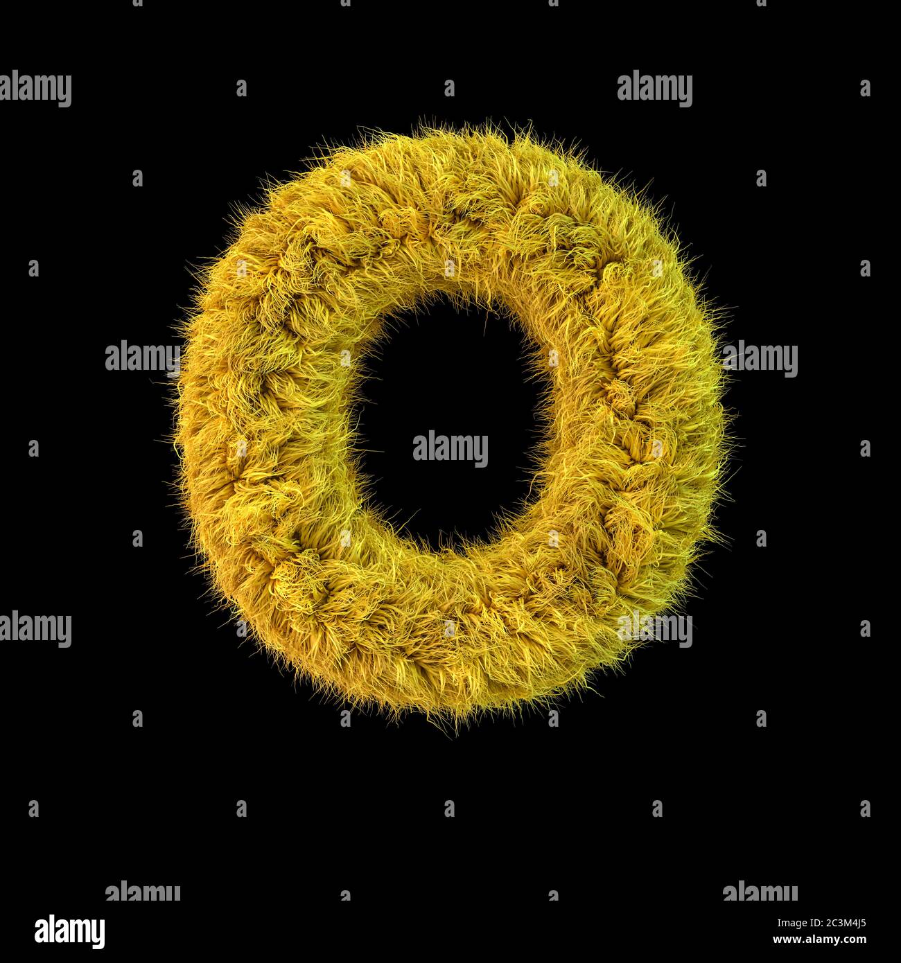Capital letter O. Uppercase. Yellow fluffy font on black background. 3D ...