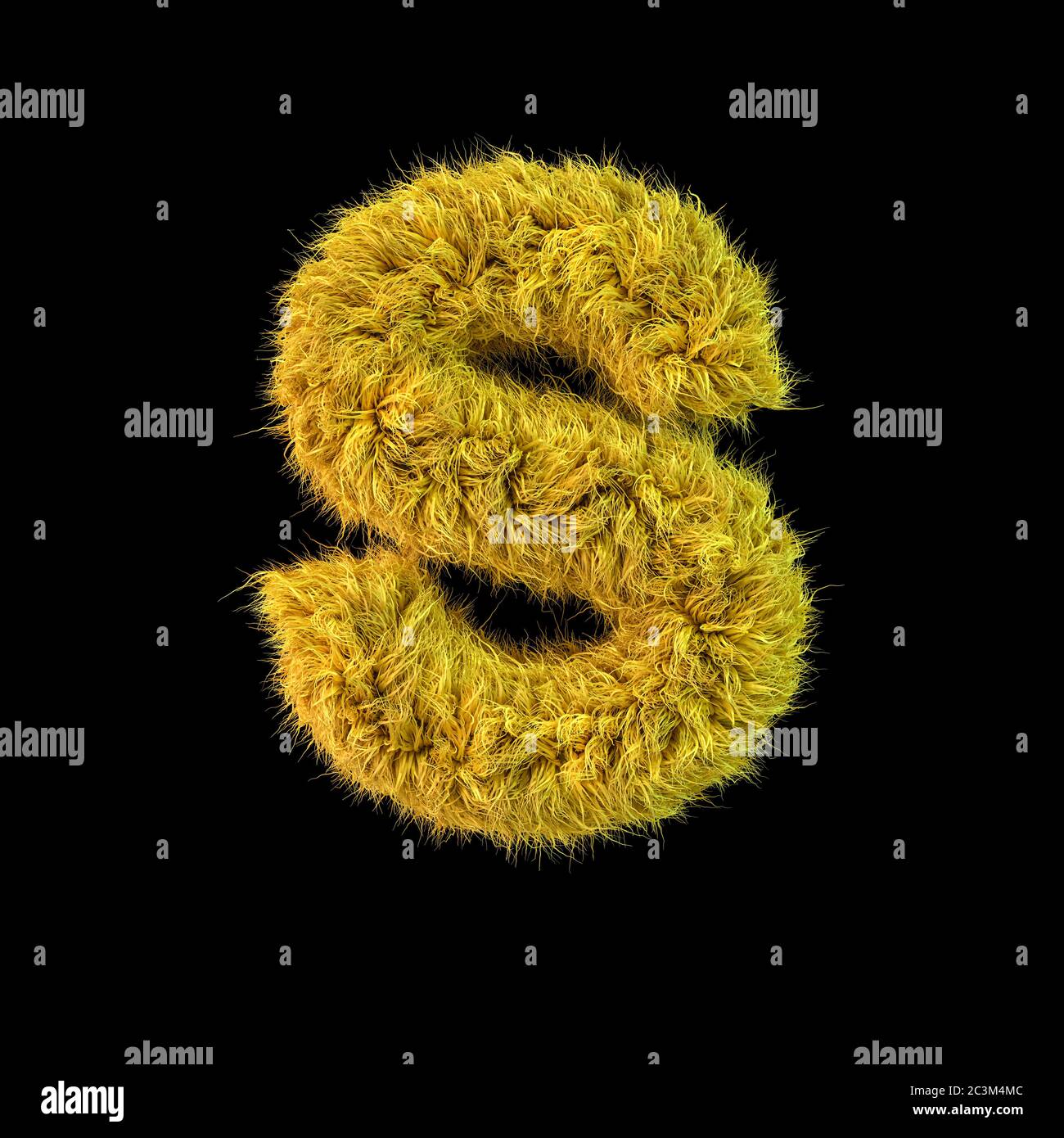 Capital letter S. Uppercase. Yellow fluffy font on black background. 3D ...