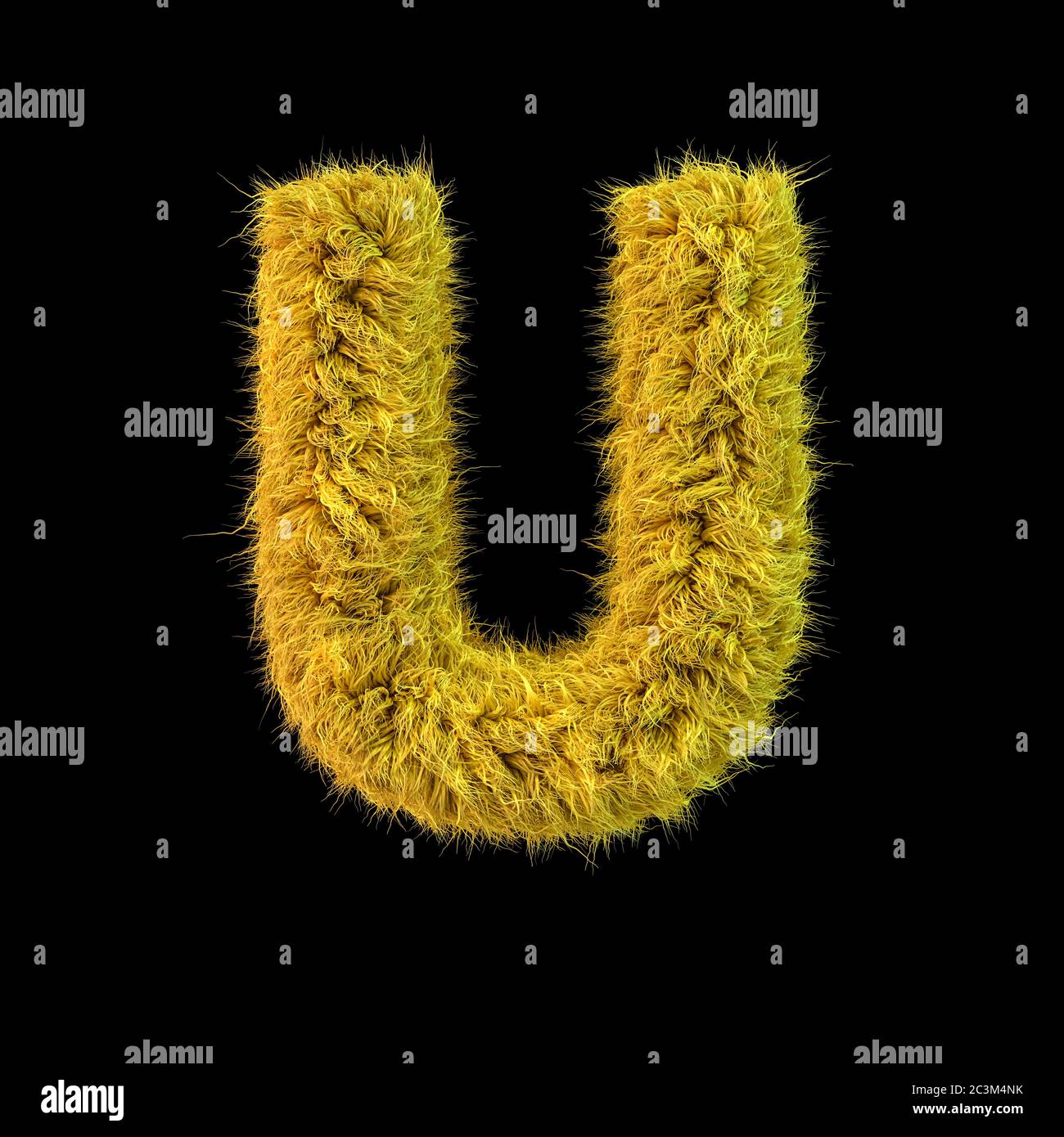 Capital letter U. Uppercase. Yellow fluffy font on black background. 3D ...