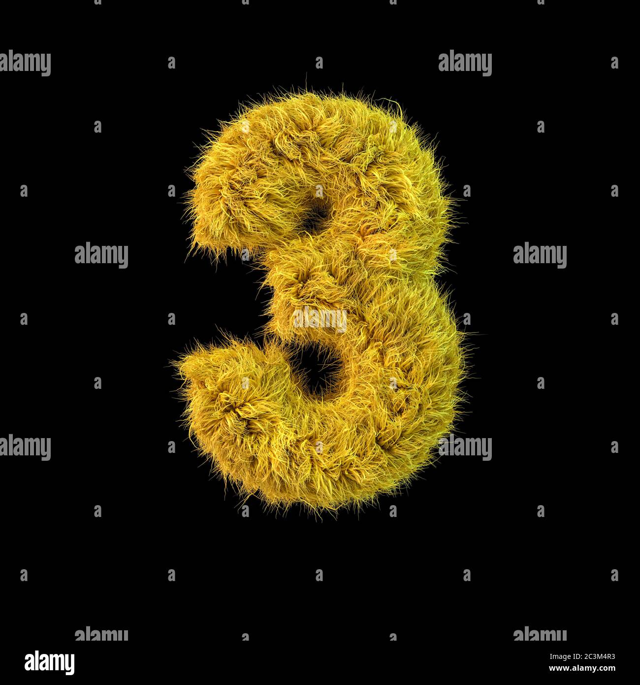 Number 3. Digital sign. Yellow fluffy font on black background. 3D ...