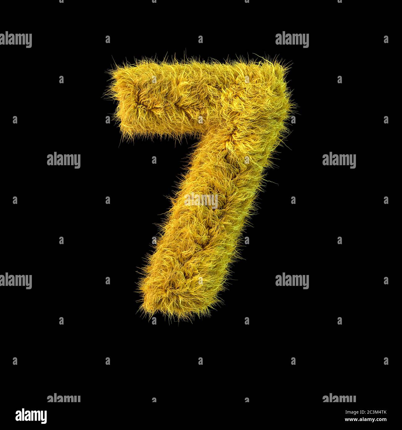Number 7. Digital sign. Yellow fluffy font on black background. 3D ...