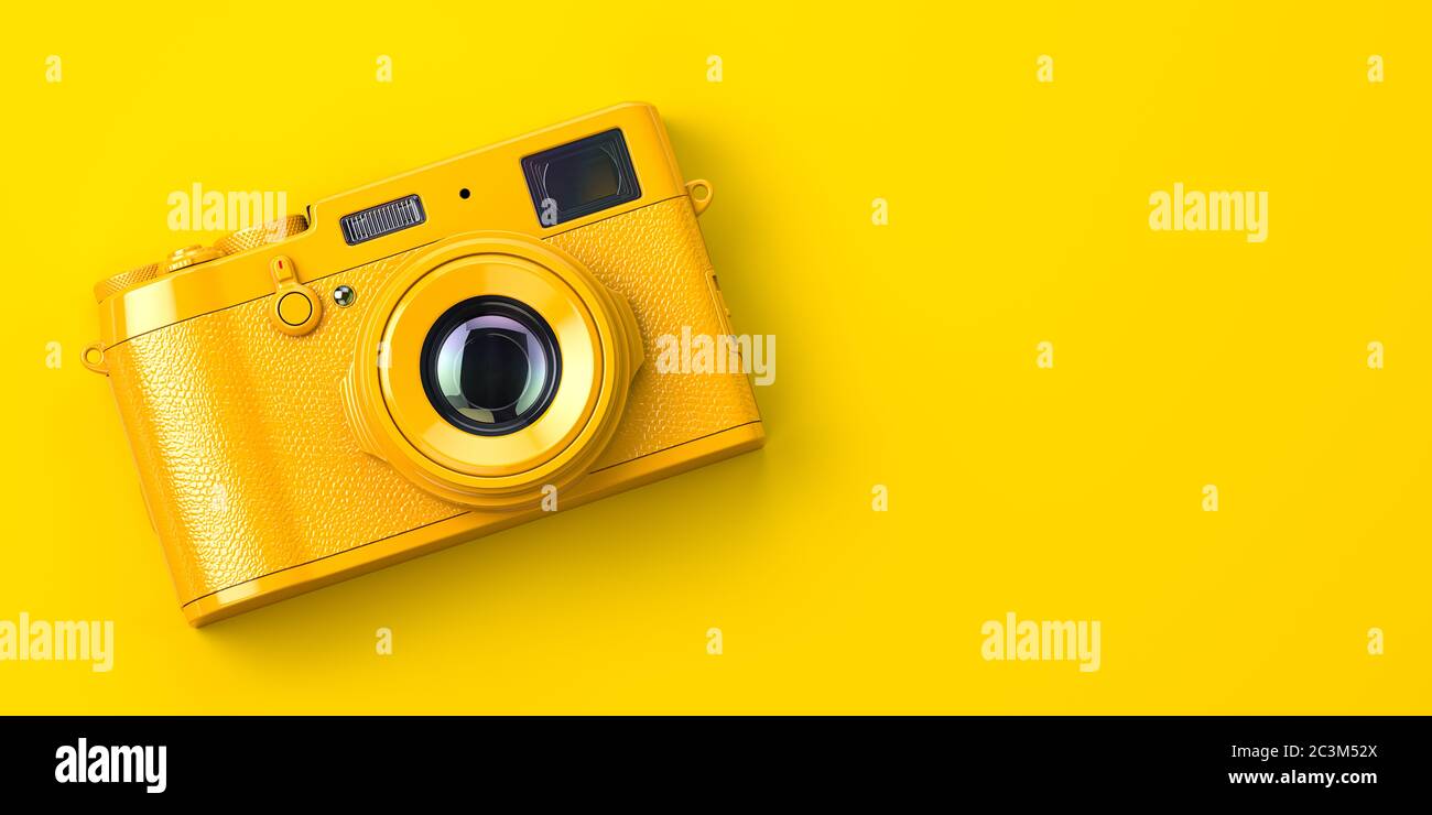Yellow vintage photo camera on yellow background. 3d illustration Stock ...