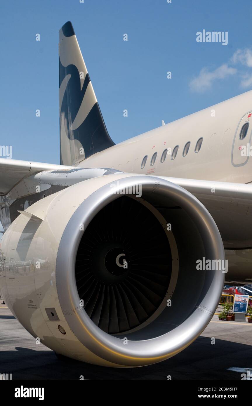 SINGAPORE - FEBRUARY 15: Engine and tailplane of Airbus ACJ 318 ...