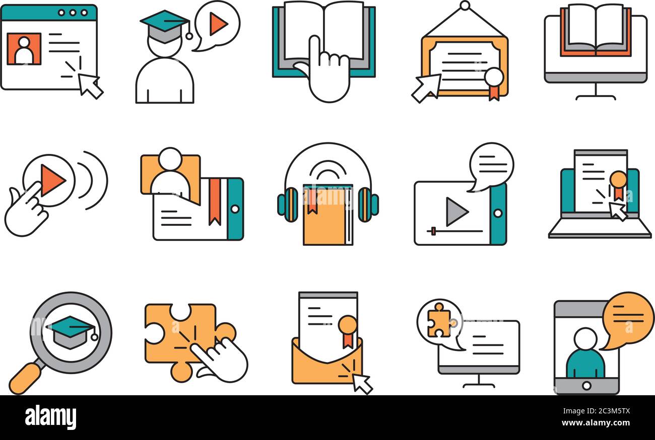 online education, website and mobile training courses icons set vector ...