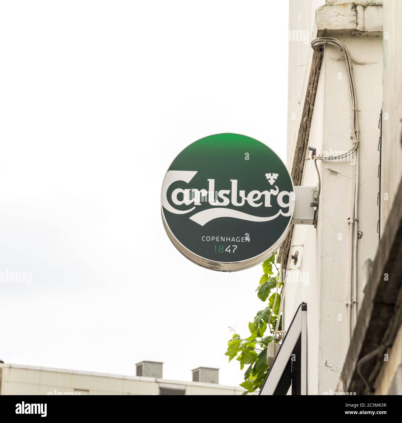 Brussels, BELGIUM - July 7, 2019: Carlsberg signboard. The Carlsberg ...