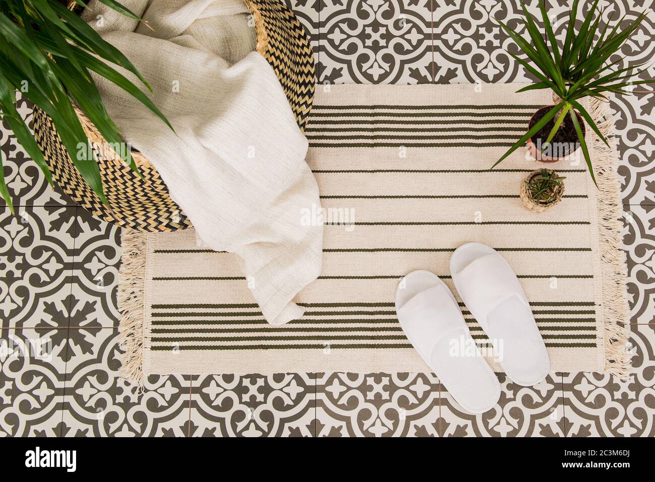 Top view of a foot rug with slippers and potted plants on tiled floor ...