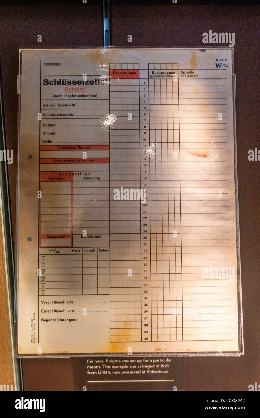 Naval key setting sheet on display in Bletchley Park, Bletchley ...