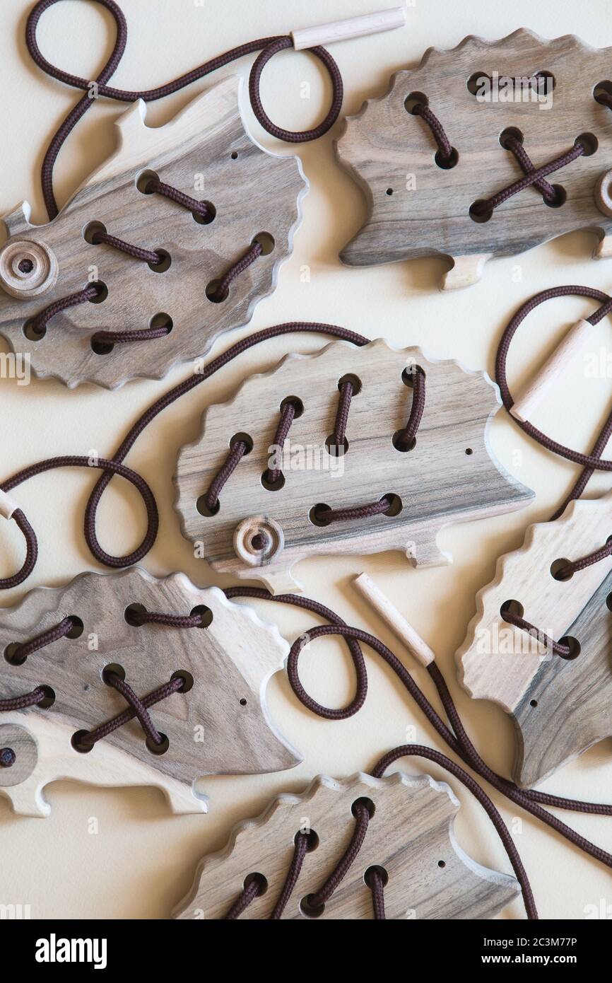 Natural wooden lacing toy hedgehog for educating fine motor skills ...