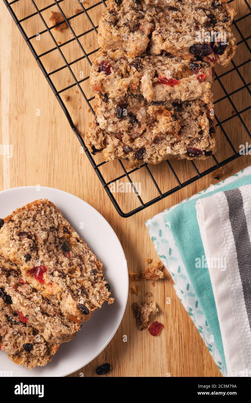 Vertical high angle shot of a fresh-baked oaten cake with fruits Stock ...