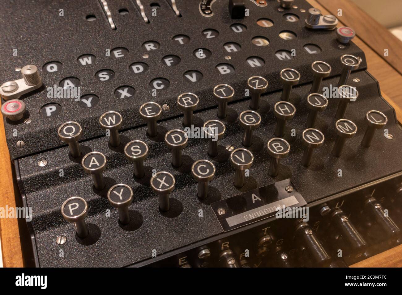 A German Enigma I machine on display in Bletchley Park, Bletchley ...